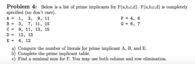 Solved Problem 4: Below is a list of prime implicants for | Chegg.com