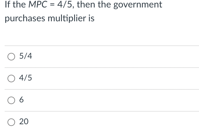 Solved = If the MPC = 4/5, then the government purchases | Chegg.com