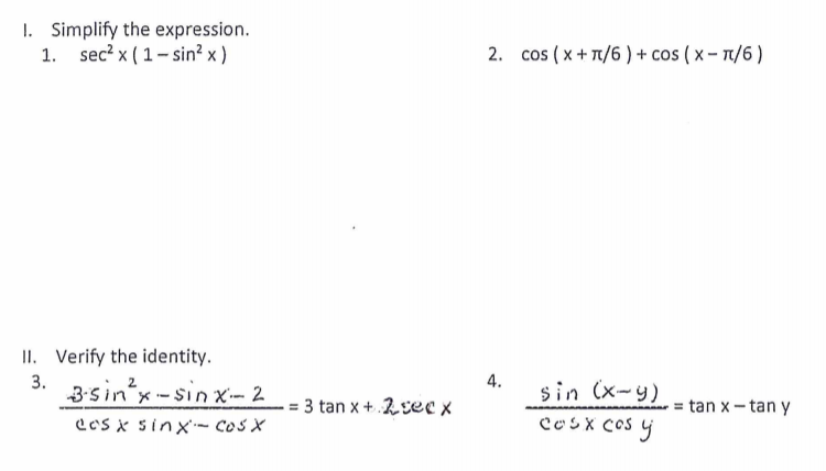 Solved I. Simplify the expression. 1. sec2x (1-sin2x) 2. cos | Chegg.com