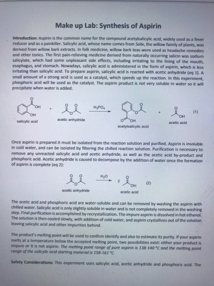 Solved Make up Lab: Synthesis of Aspirin Introduction: | Chegg.com