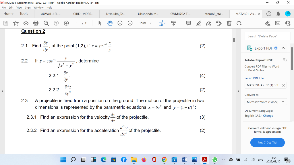 Solved A) MAT2691-Assignment01-2022-52 \{1).pdt - Adobe | Chegg.com