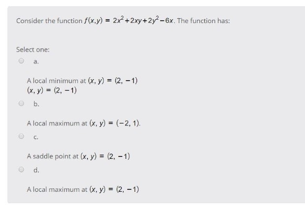 Solved Consider the function f(x,y) = 2x + 2xy + 2y2 - 6x. | Chegg.com