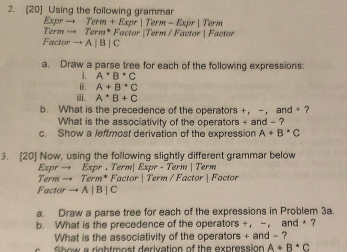 Solved 2. [20] Using the following grammar Expr- Term + Expr | Chegg.com