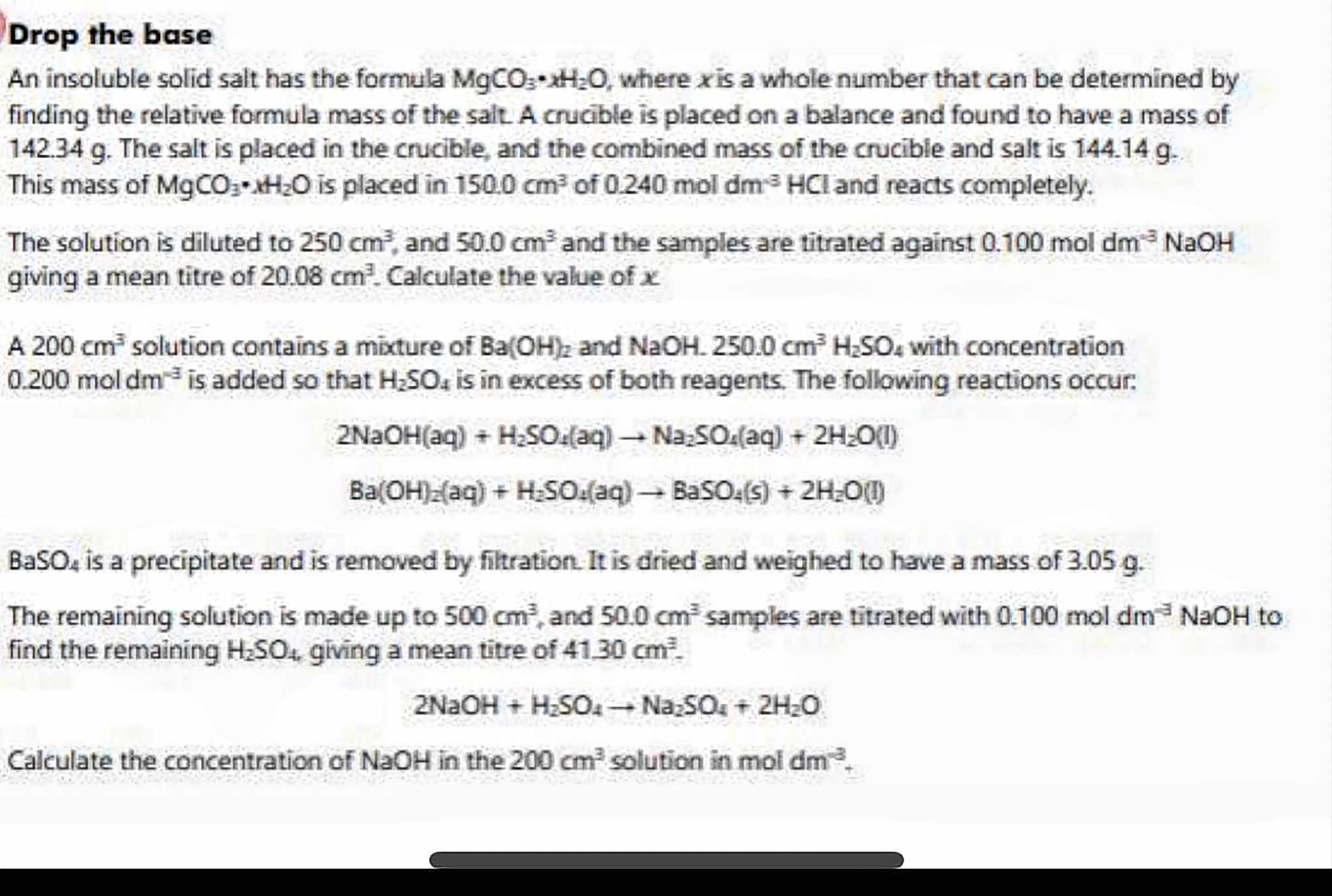 Solved An insoluble solid salt has the formula MgCO3⋅xH2O, | Chegg.com