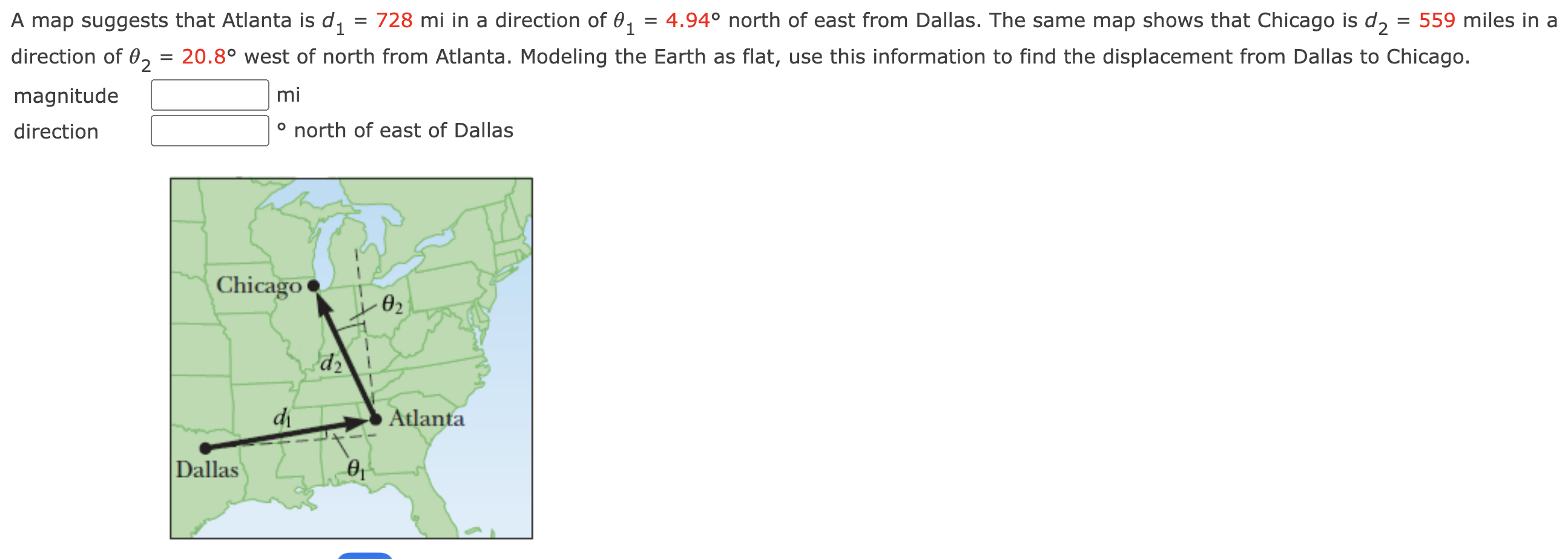Solved A map suggests that Atlanta is d1=728mi in a | Chegg.com