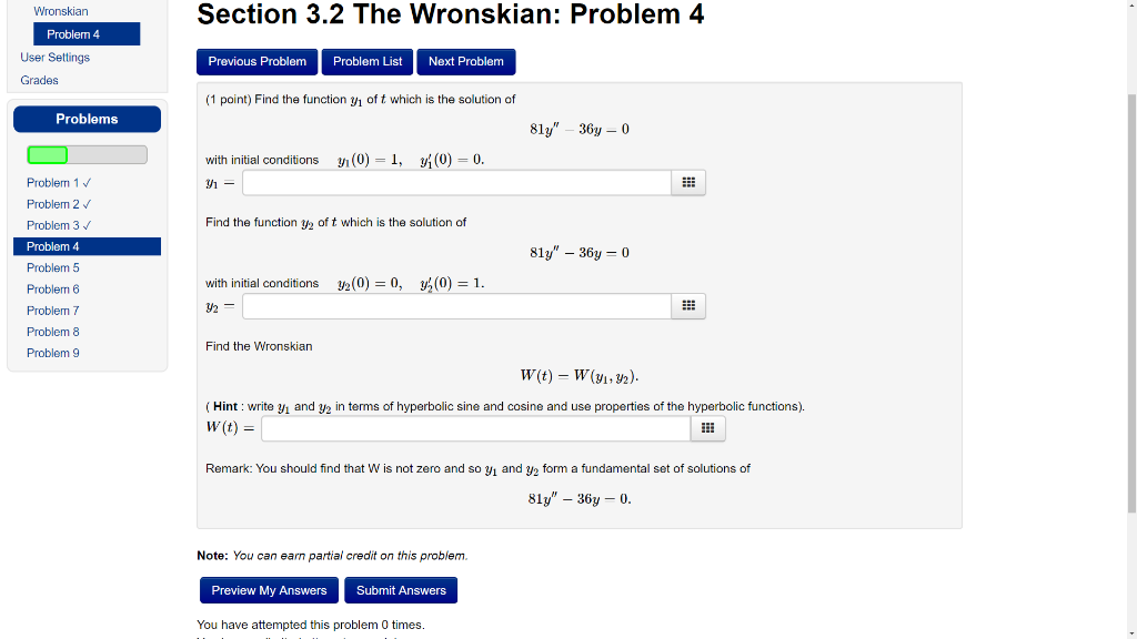Solved Section 3.2 The Wronskian: Problem 4 Wronskian | Chegg.com