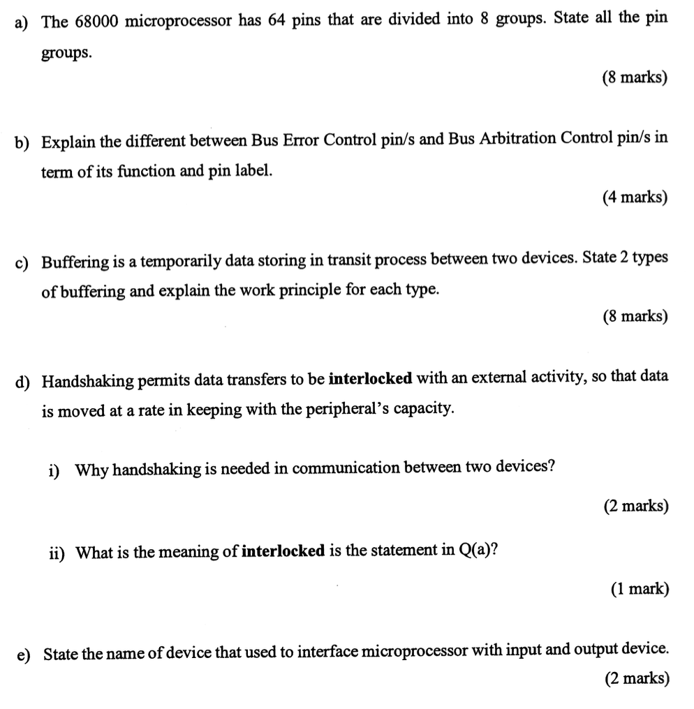 Solved a) The 68000 microprocessor has 64 pins that are | Chegg.com