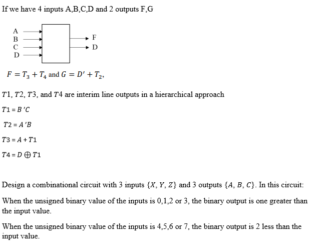 Solved If we have 4 inputs A,B,C,D and 2 outputs F,G F=T3+T4 | Chegg.com