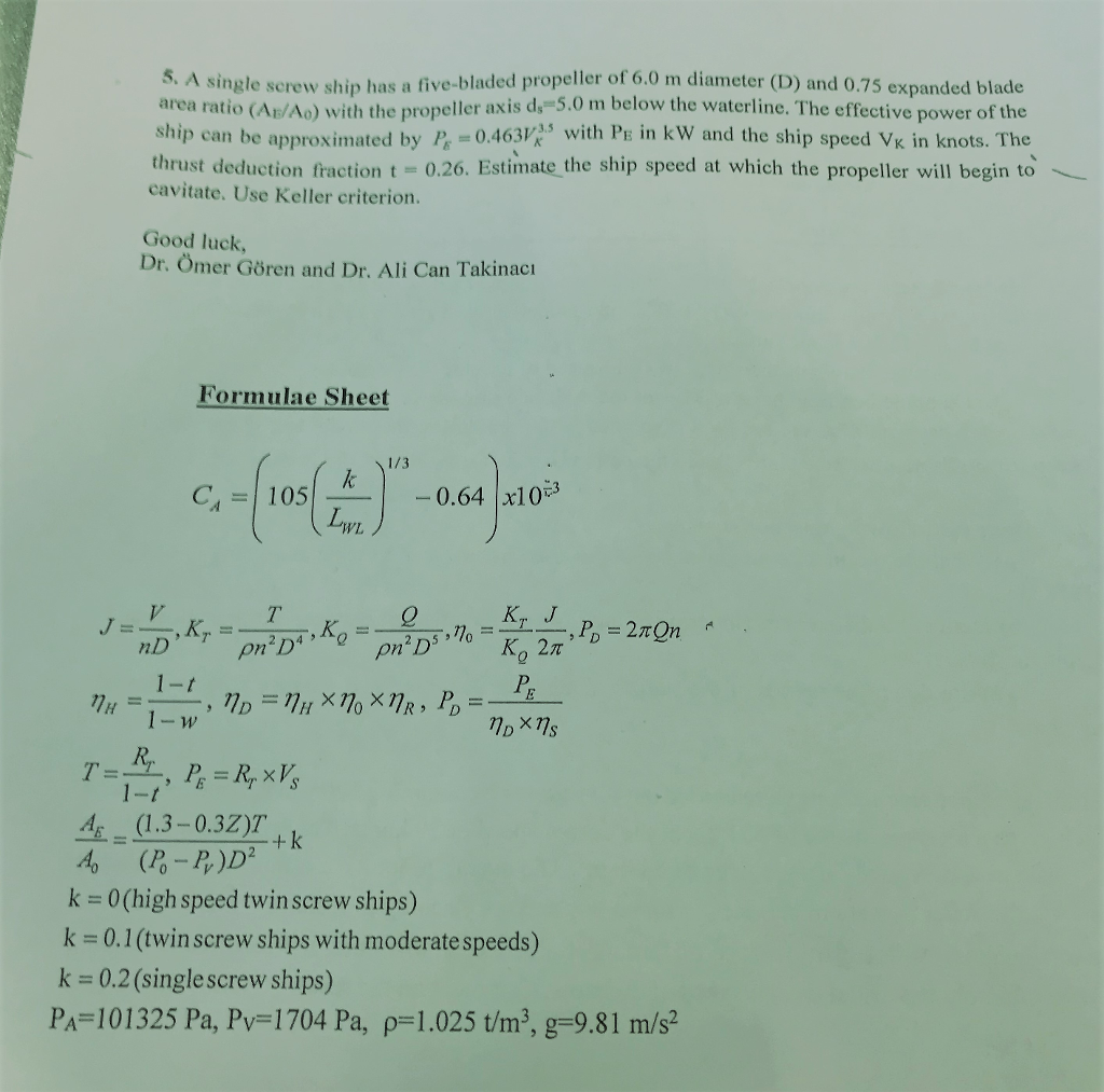 Solved S. A single screw ship has a five-bladed propeller of | Chegg.com