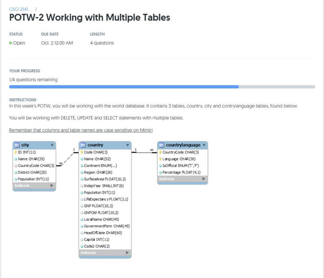 Solved CSCI 2141 ... POTW-2 Working with Multiple Tables | Chegg.com