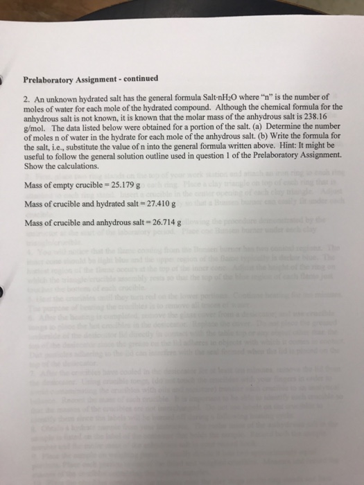 Solved Stoichiometry Hydrates Prelaboratory Assignment Name