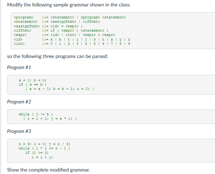 Solved Modify the following sample grammar shown in the | Chegg.com