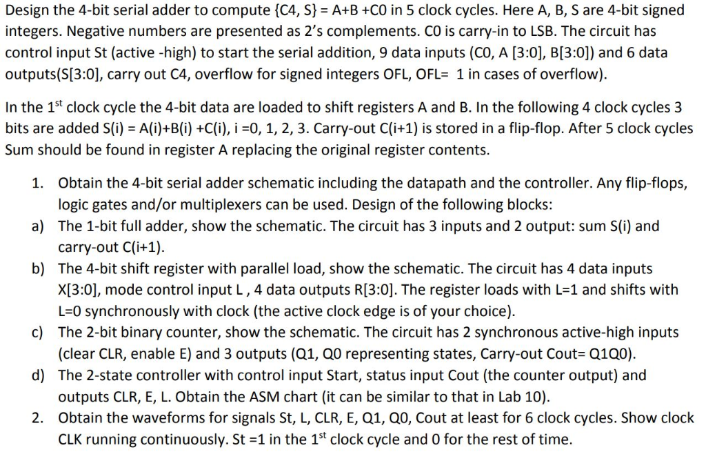Design the 4-bit serial adder to compute sC4, S) - | Chegg.com