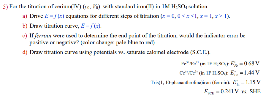 Solved For the titration of cerium(IV) (c0, V0) with | Chegg.com