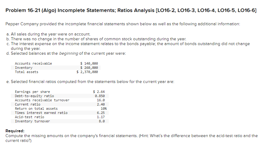 Solved Problem 16-21 (Algo) Incomplete Statements; Ratios | Chegg.com