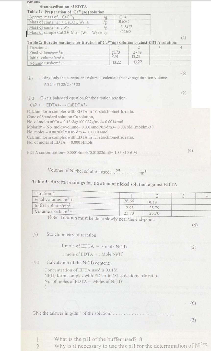 Solved Results 1. Standardisation of EDTA Table 1: | Chegg.com