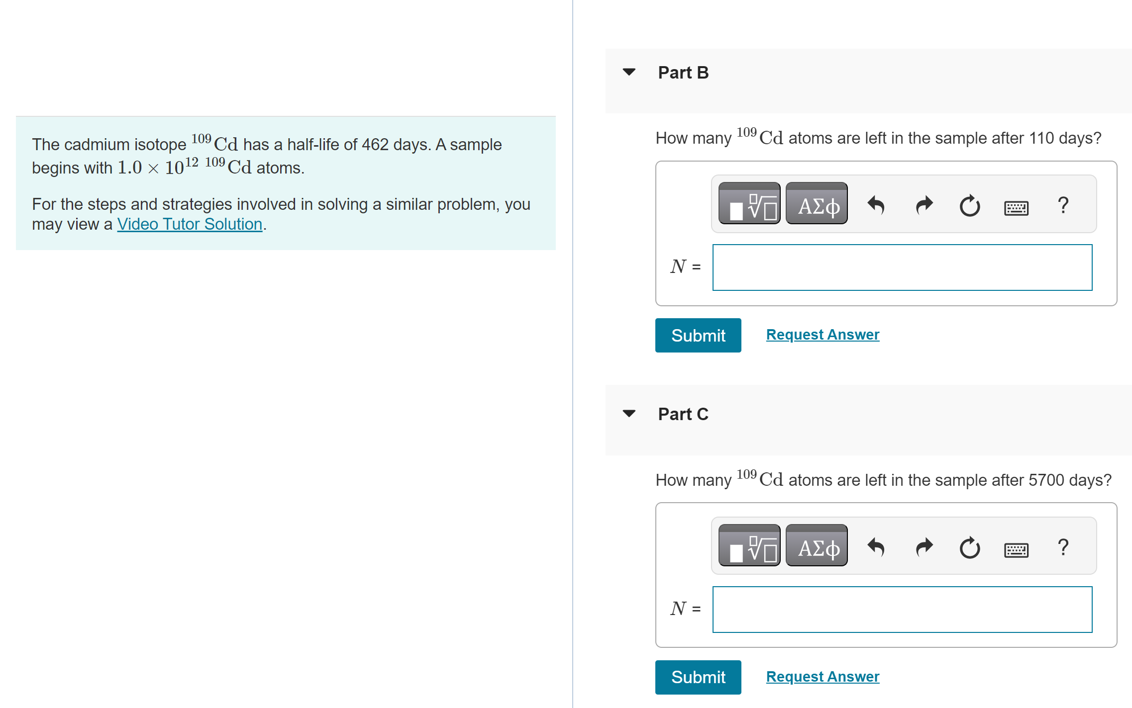 Solved Part BThe cadmium isotope ?109Cd ﻿has a half-life of | Chegg.com