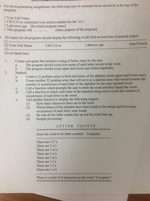 Solved gramming assignments, the following type of comment | Chegg.com