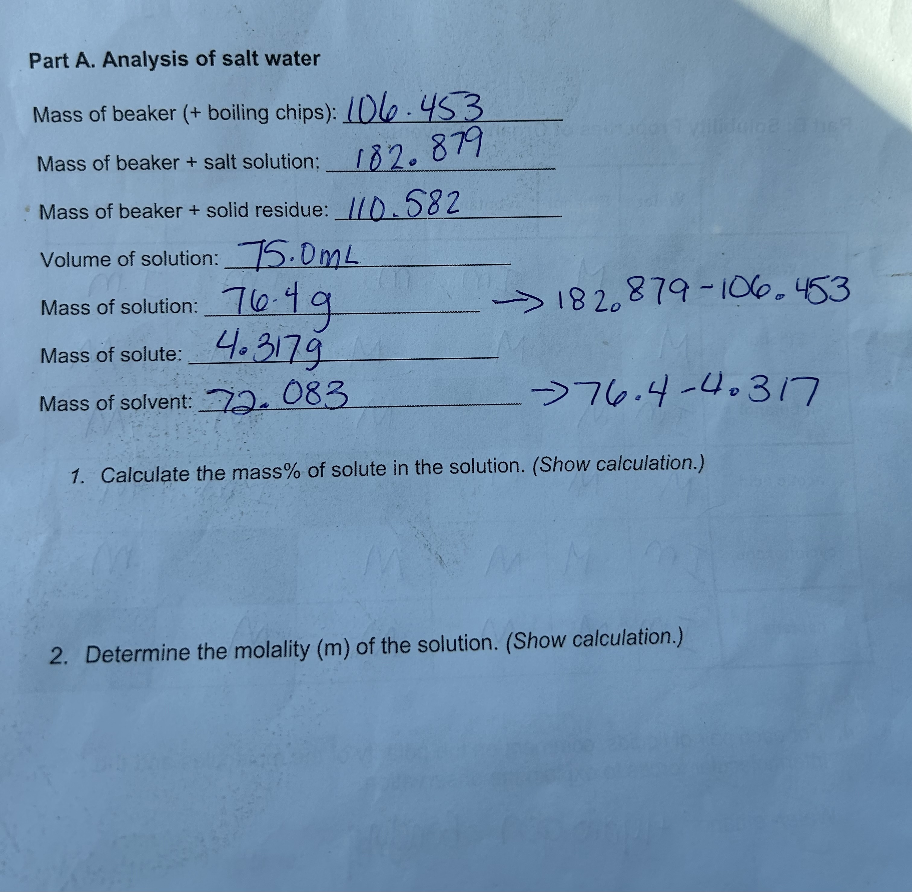 Solved Part A. Analysis of salt water Volume of solution: | Chegg.com
