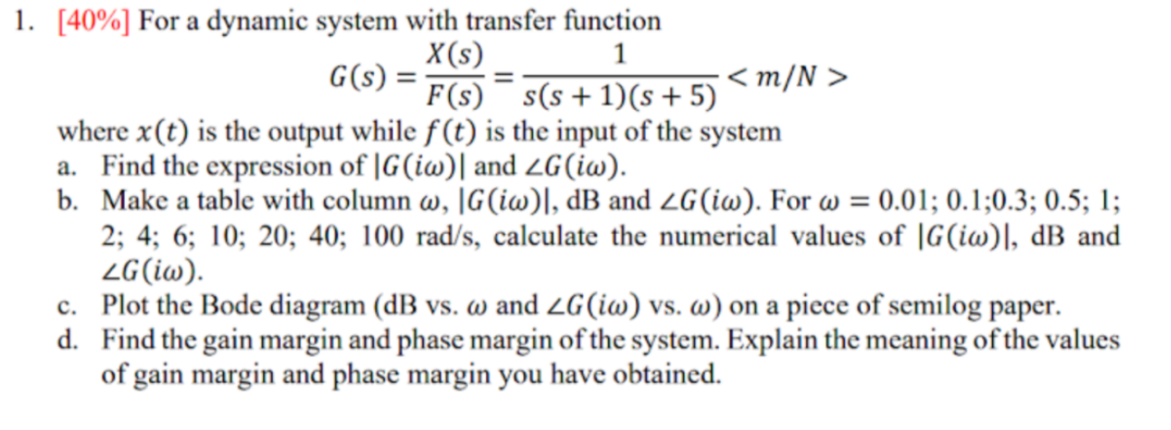 Solved 1. [40%] For a dynamic system with transfer function | Chegg.com
