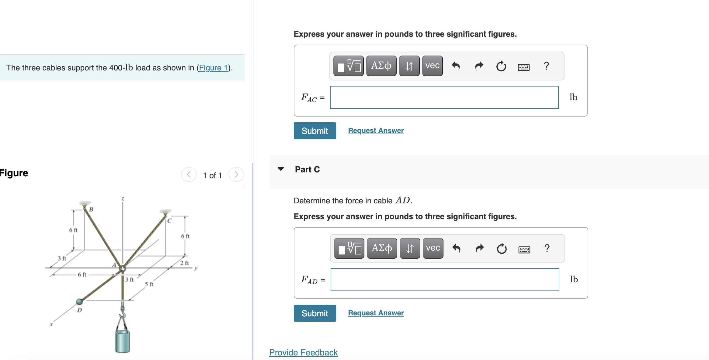 Solved Determine the force in cable AB. The three cables | Chegg.com