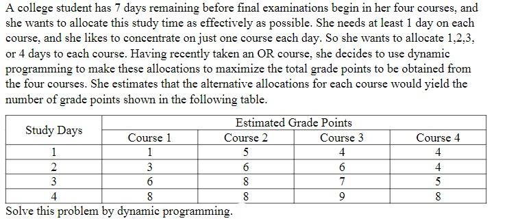 Solved A college student has 7 days remaining before final | Chegg.com