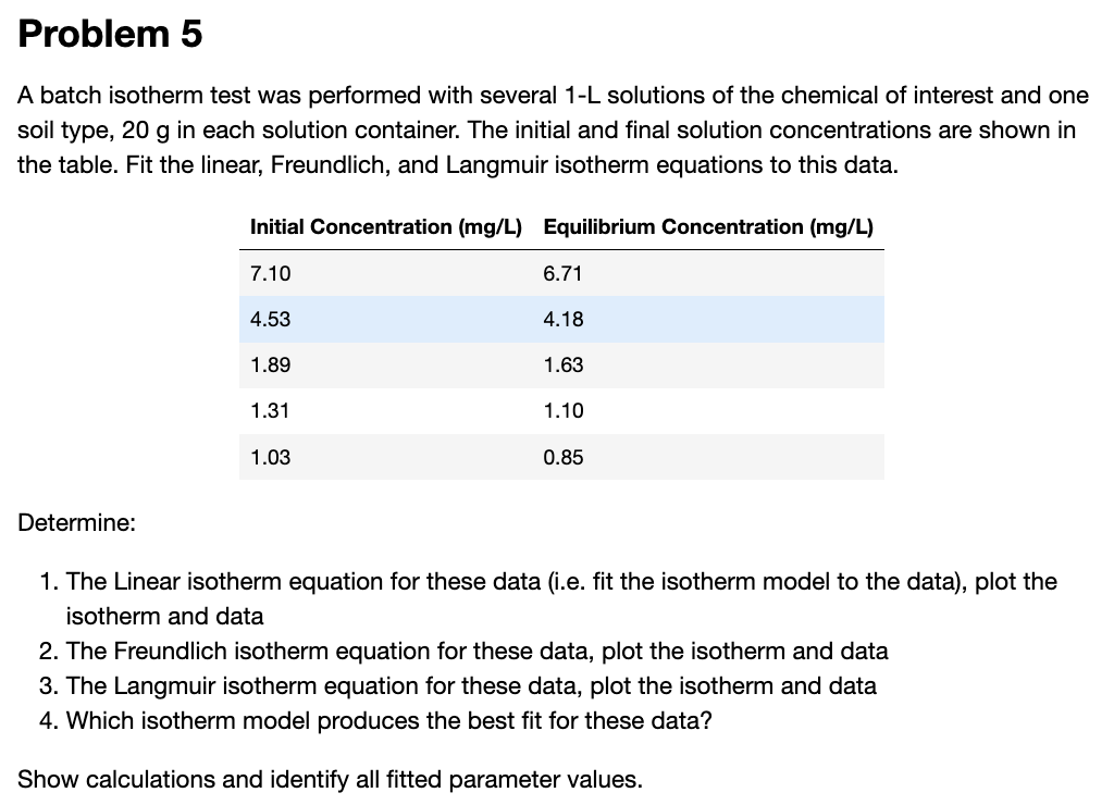 Solved A batch isotherm test was performed with several 1-L | Chegg.com