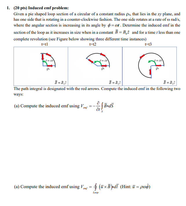 Solved 1. (20 pts) Induced emf problem: Given a pie shaped | Chegg.com