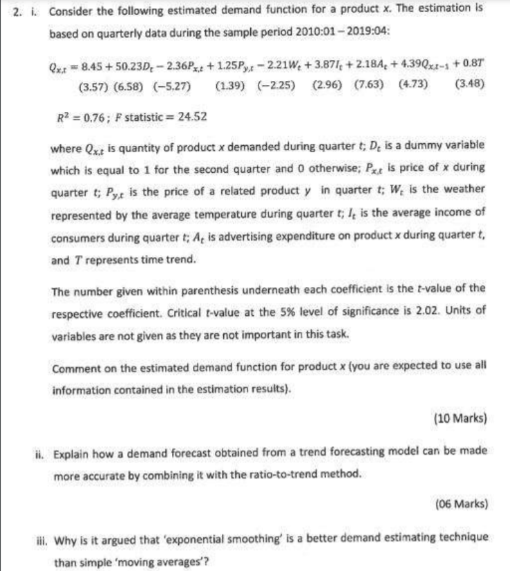Solved 2. i. Consider the following estimated demand | Chegg.com