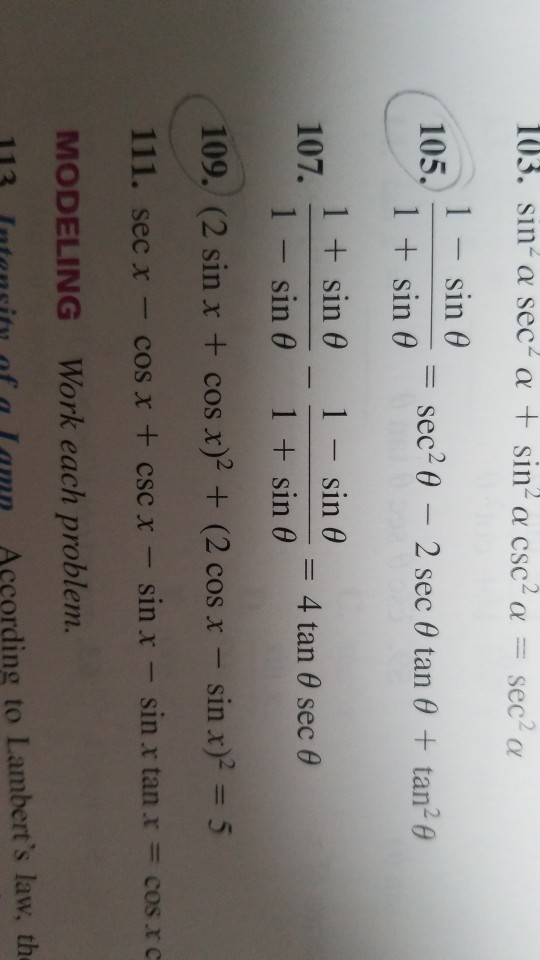Solved 103. sin2 α sec 2 α + sin-α csc2 α = sec 2 α 1-sin θ | Chegg.com