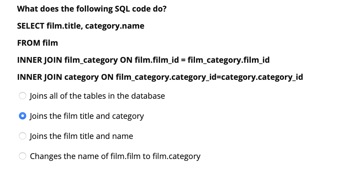 Solved What does the following SQL code do? SELECT | Chegg.com