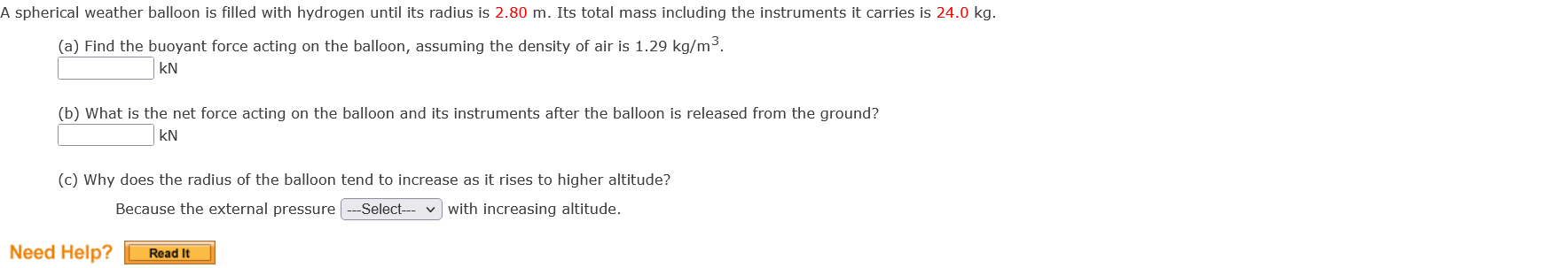 spherical weather balloon is filled with hydrogen | Chegg.com