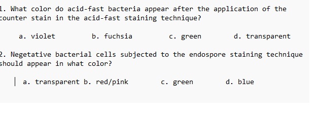 Solved - What color do acid-fast bacteria appear after the | Chegg.com