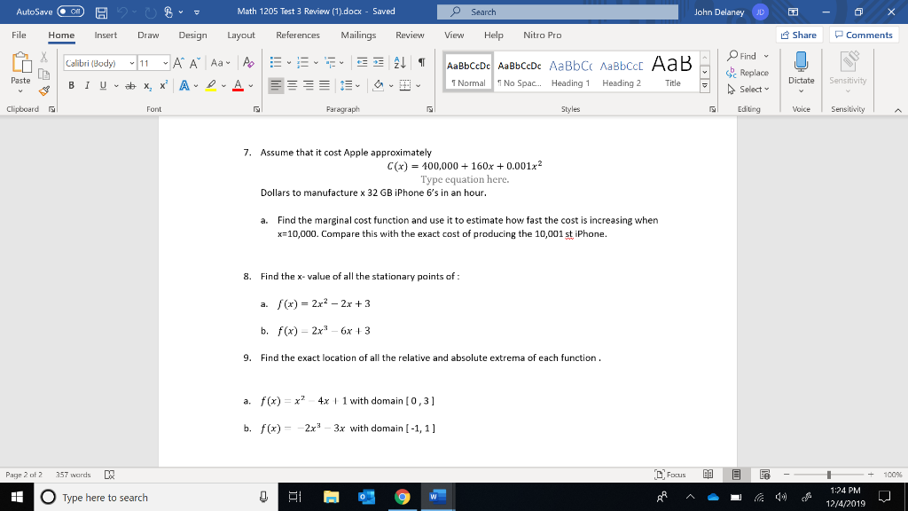 Solved Math 1205 Test 3 Review (1).docx - Saved AutoSave O P | Chegg.com