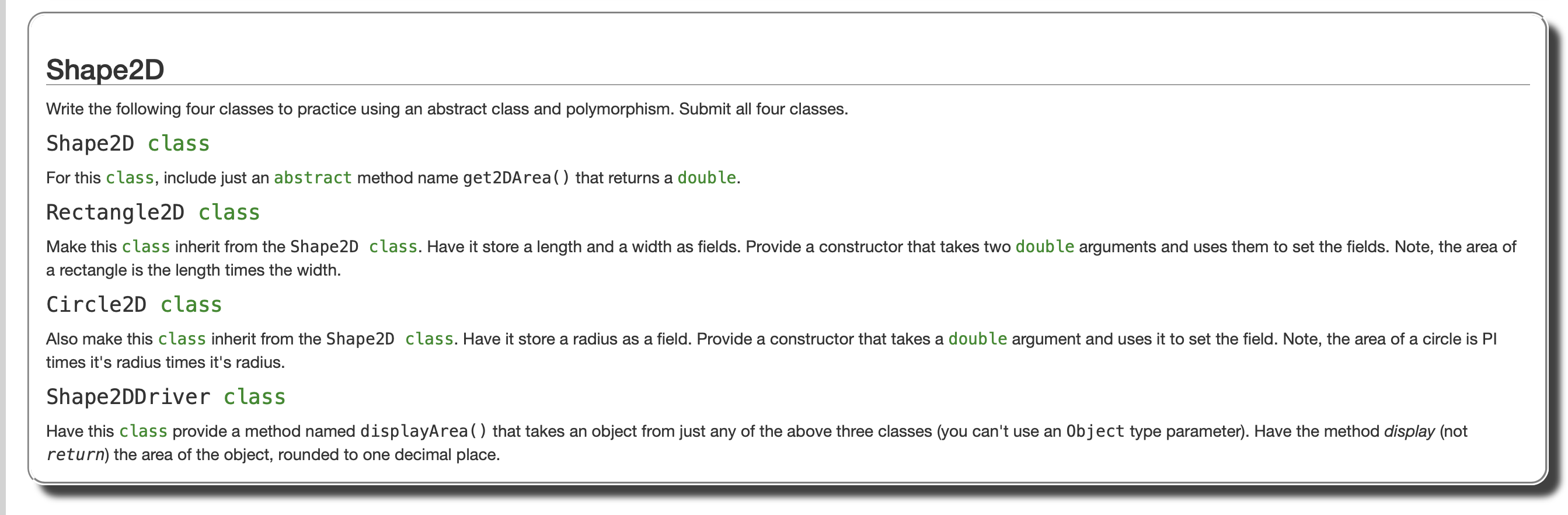 Solved Shape2D Write the following four classes to practice | Chegg.com