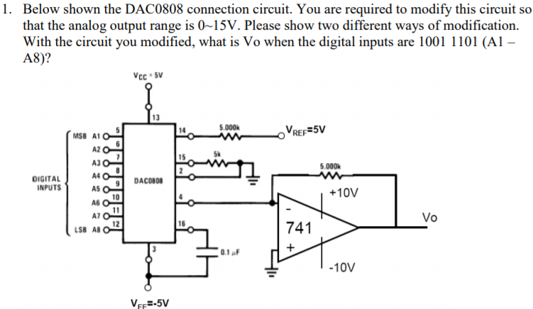 Solved 1. Below shown the DAC0808 connection circuit. You | Chegg.com