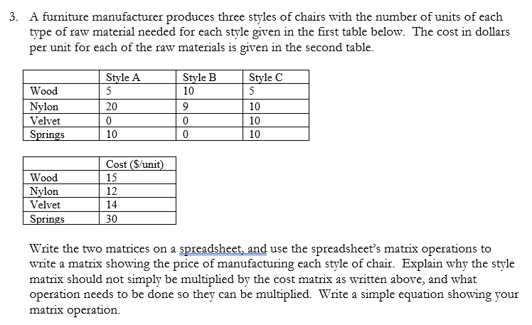 Solved 3. A furniture manufacturer produces three styles of | Chegg.com