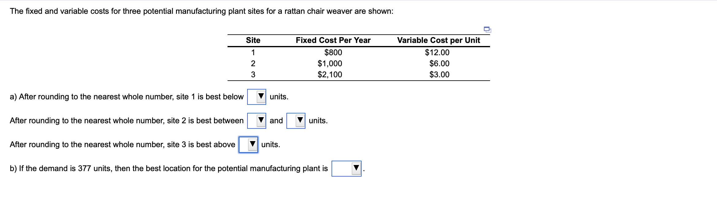Solved The fixed and variable costs for three potential | Chegg.com