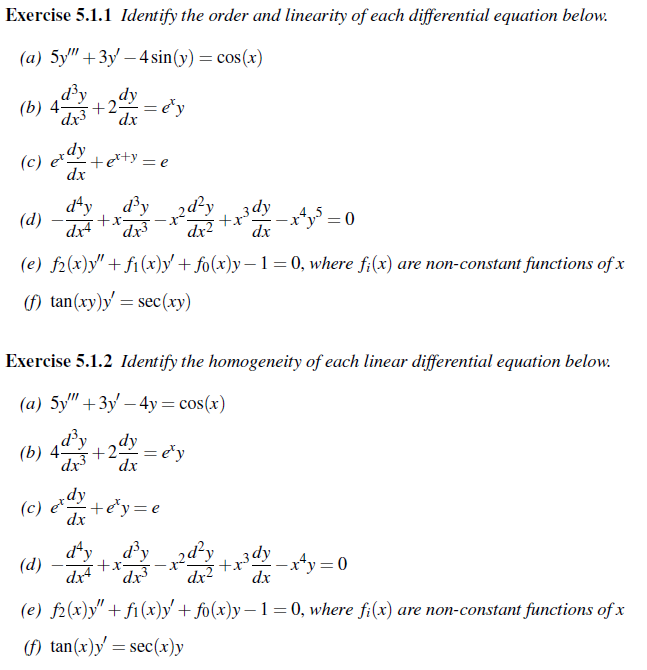 Solved Exercise 5.1.1 Identify the order and linearity of | Chegg.com