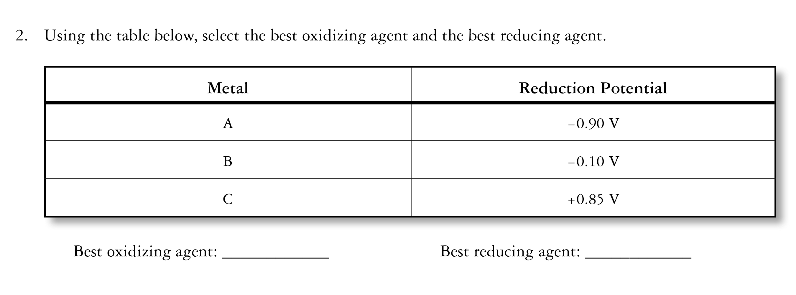 Solved 2. Using the table below, select the best oxidizing | Chegg.com