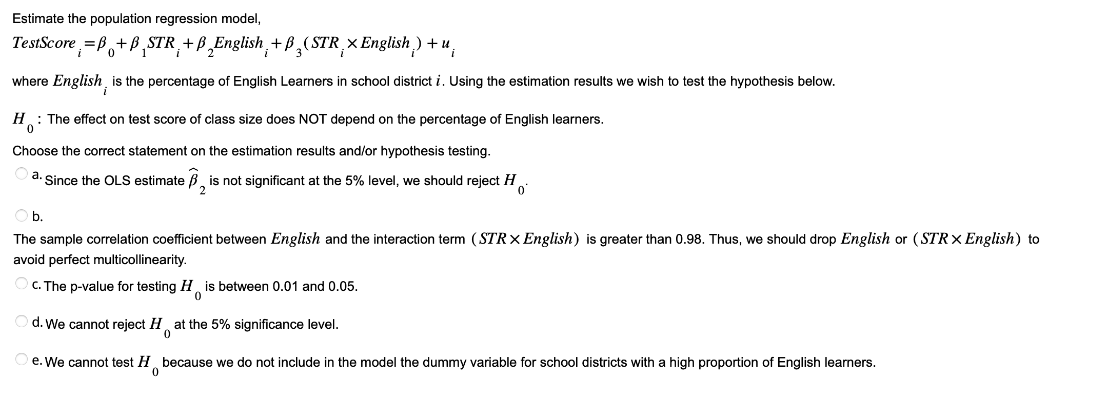 Solved Estimate the population regression model, TestScore | Chegg.com