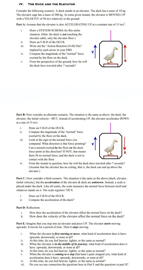 Solved IV. THE DUCK AND THE ELEVATOR Consider the following | Chegg.com