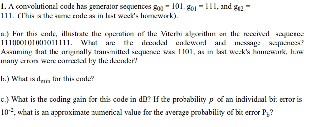 Solved 1 A Convolutional Code Has Generator Sequences 
