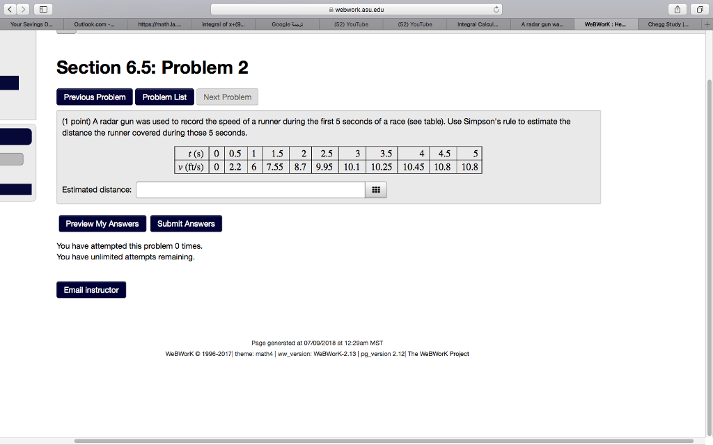 Solved webwork.asu.edu Your Savings D integral ofx Google | Chegg.com