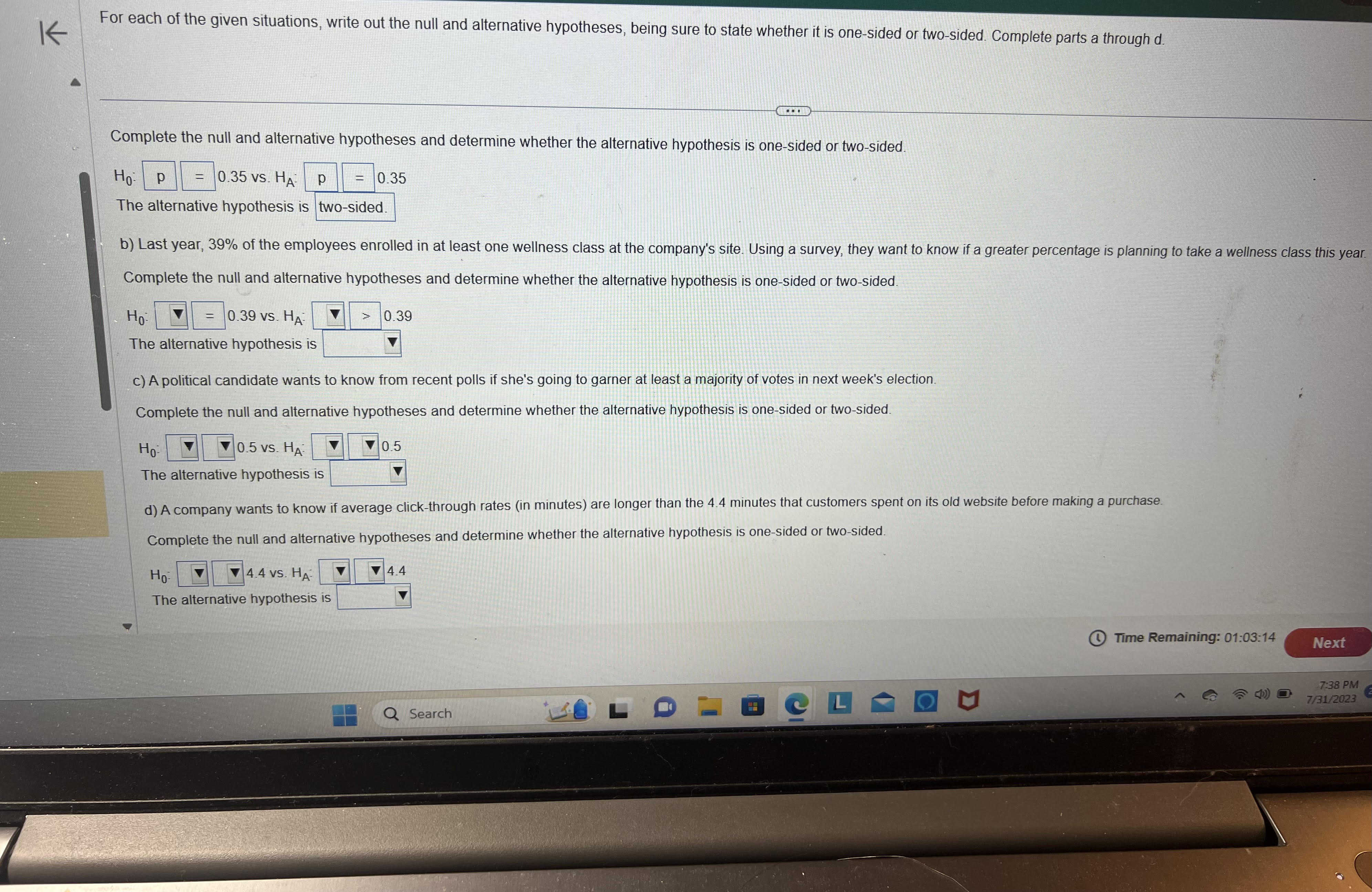 Solved For each of the given situations, write out the null | Chegg.com