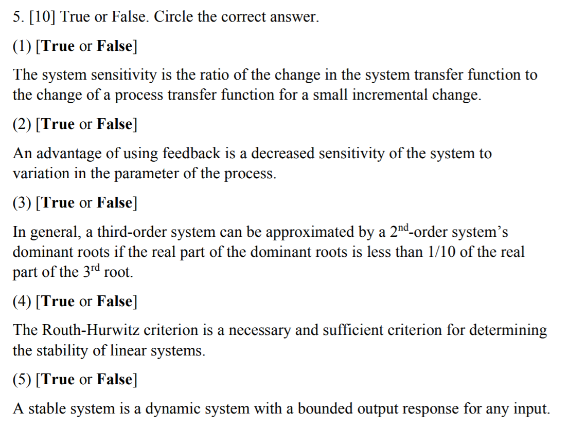 Solved 5. [10] True or False. Circle the correct answer. (1) | Chegg.com