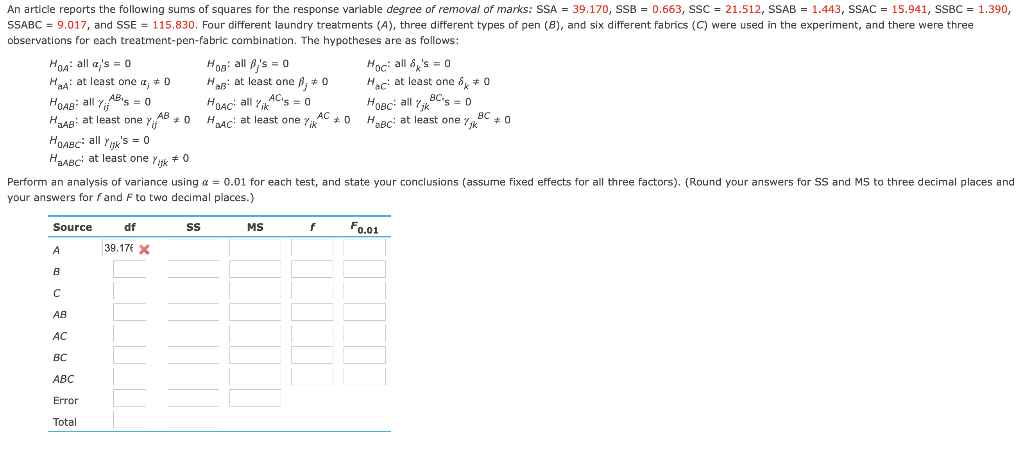 Solved An article reports the following sums of squares for | Chegg.com