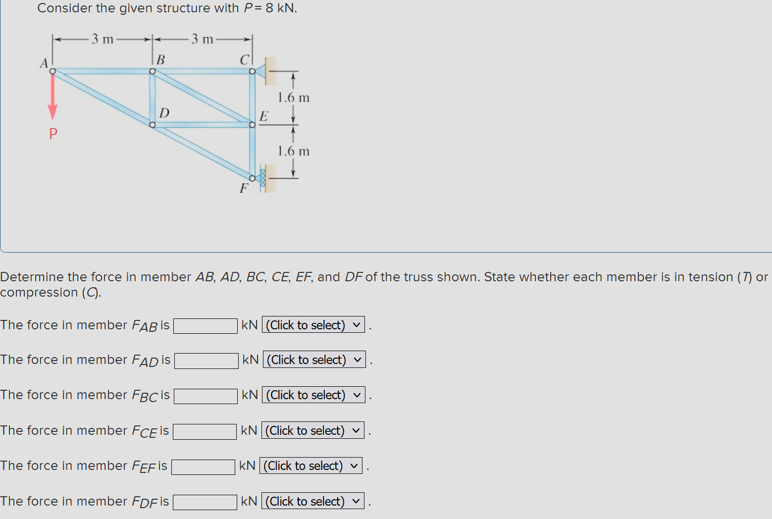 Solved Consider the given structure with P=8kN. Determine | Chegg.com