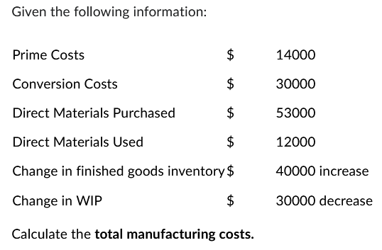 Solved Given the following information: Calculate the total | Chegg.com
