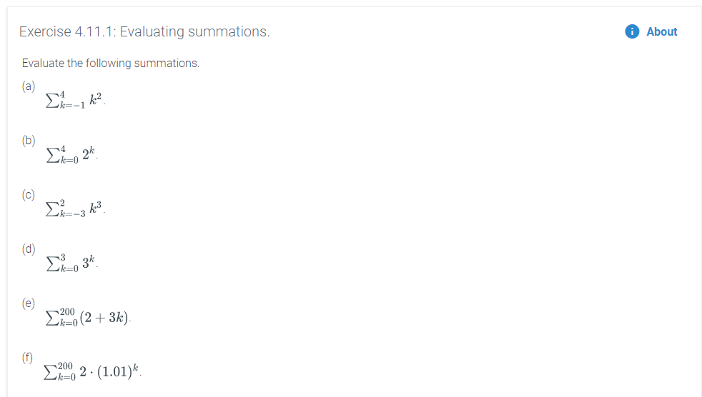 Solved Exercise 4.11.1: Evaluating summations. About | Chegg.com